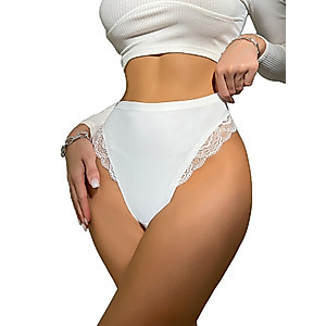 Milumia Women Sexy Lace Panties Underwear High Waisted Thongs French Cut Bikinis White Small