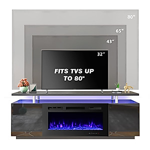 EROMMY 70'' Fireplace TV Stand with 36'' Electric Fireplace, Entertainment Center with 16 Color Led Lights and 12 Flame Fireplace Insert Heater, TV Console for TVs up to 80'' for Living Room, Black
