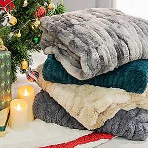 RECYCO Soft Rabbit Faux Fur Throw Blanket, Luxurious Ruched Blanket for Christmas Holiday, Couch, Bed, Living Room, Sofa. Fuzzy, Warm Throw Blanket with Reversible Mink Velvet, Marbled Grey, 60"x80"