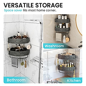 JIPORIER Corner Shower Caddy Suction Cup with 8 Hooks & 1 Towel Bar, 2 Pack Shower Shelves for Inside Shower, NO-Drilling Shower Organizer, Rustproof Shower Caddies Storage