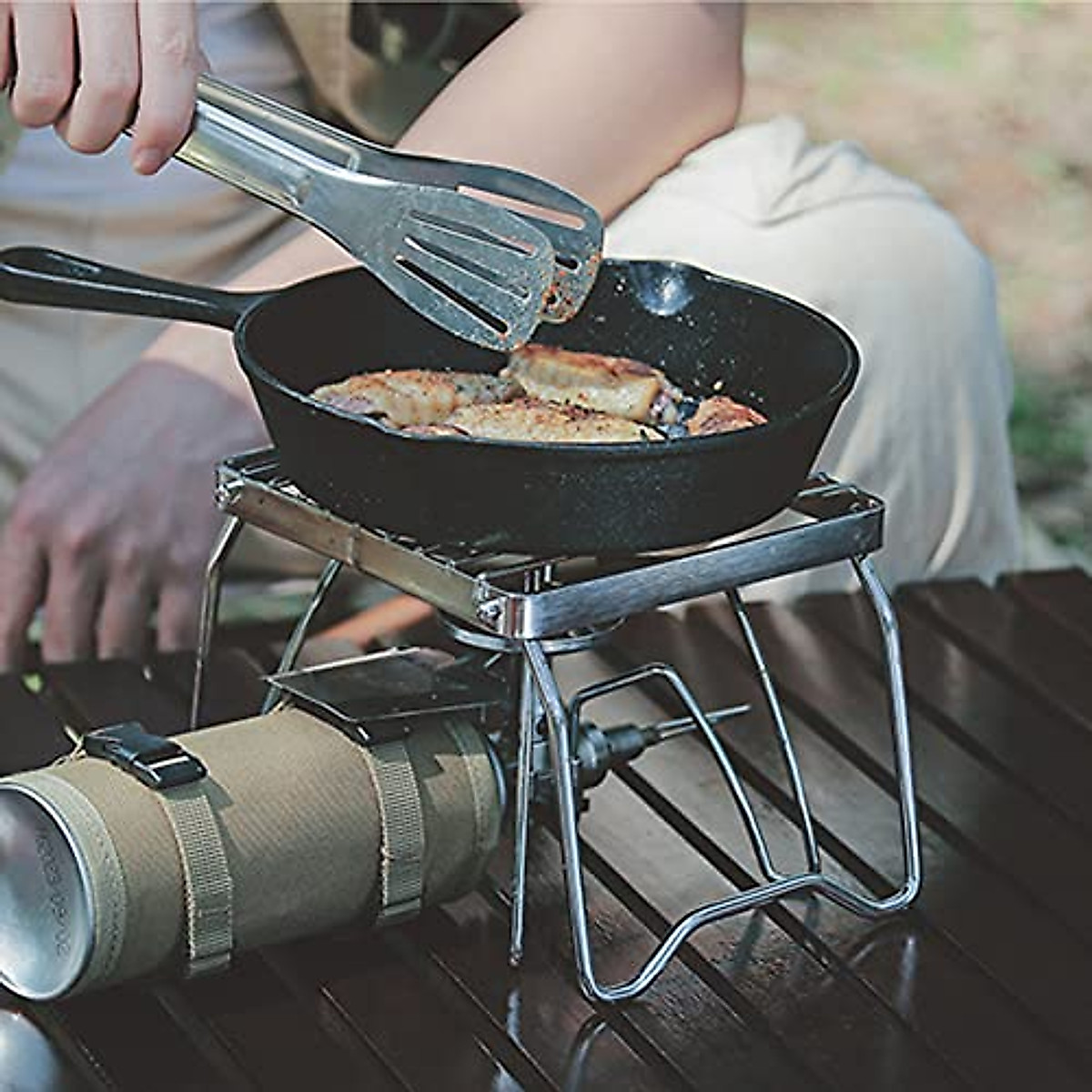 Outdoor Camping Portable Folding Burner Stove Stand Bracket, Folding Campfire Grill, Stainless Steel Cooking Grate with Adjustable Legs, BBQ Grill Holder for Camping Hiking Backpacking Striped