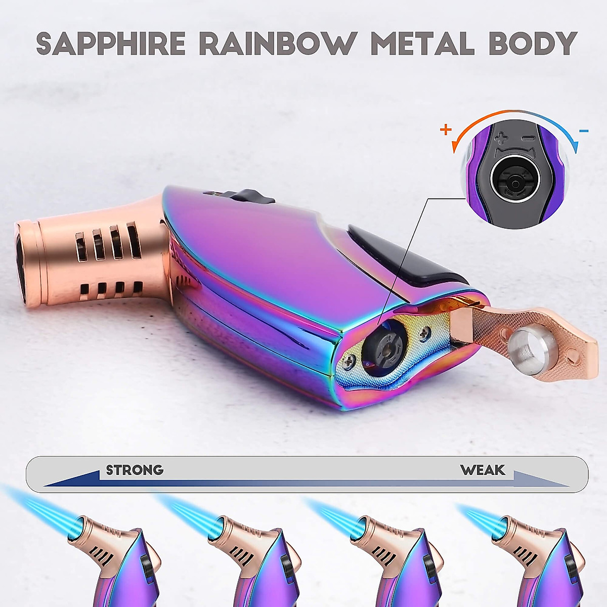 Torch Lighter, Windproof Triple Jet Flame Butane Lighter with Safety Lock, Adjustable Flame Refillable Pocket Lighter for Kitchen Outdoor Use, Zinc Alloy - Rainbow Colored (Butane Not Included)