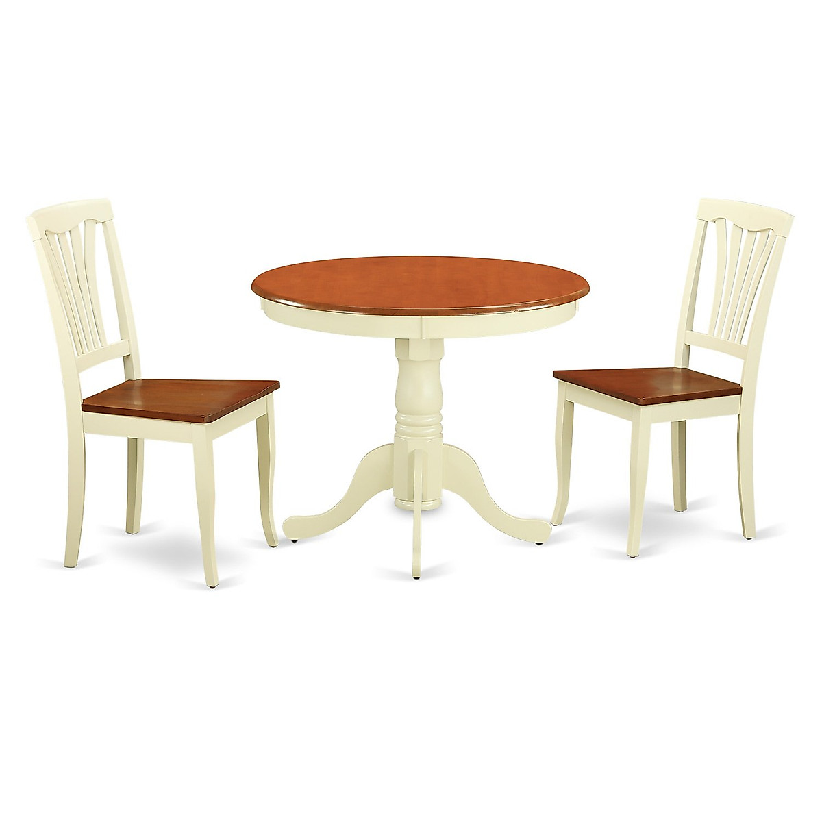 East West Furniture ANAV3-WHI-W 3 Piece Dinette Set for Small Spaces Contains a Round Room Table with Pedestal and 2 Kitchen Dining Chairs, 36x36 Inch, Buttermilk & Cherry