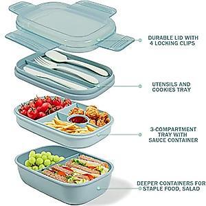 Puraville 3 Layers Stackable Bento Lunch Box for Kids and Adults, 1900ml Large capacity Lunch Box for Men and Women with Utensil Set, Leak Proof, BPA-Free, Microwave Dishwasher Safe - Light Blue