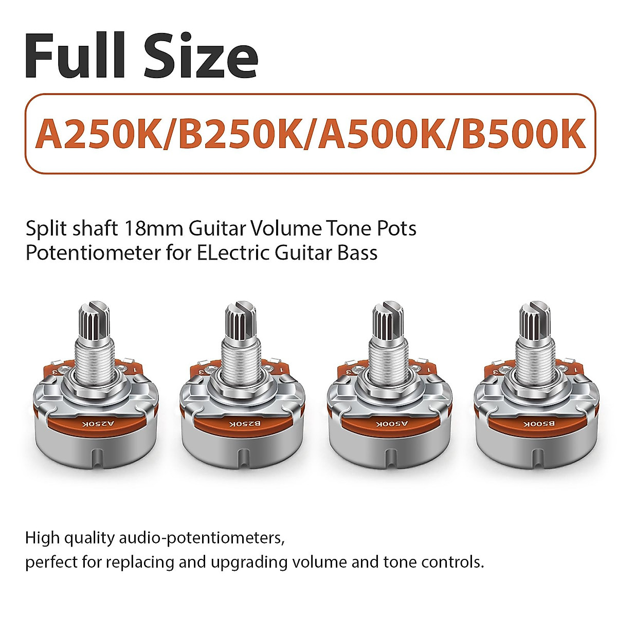 SAPHUE 4PCS A250K+B250K+A500K+B500K Push Pull Potentiometer Brass Metric Coarse 18-Spline Split Shaft Pots Audio Taper Potentiometers for Electric Guitar Bass,2T2V (250K&500K)
