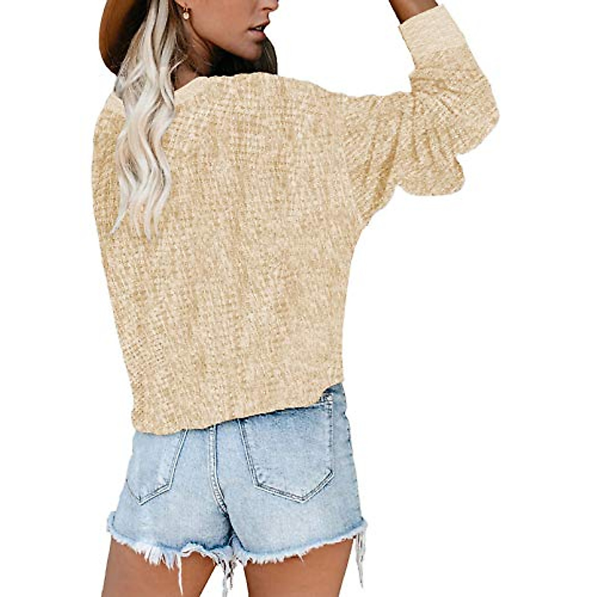 Dokotoo Womens Sweaters Winter Fall Cute Deep V Neck Wrap Chunky Cable Knit Short Fuzzy Pullover Crop Sweater Long Sleeve Jumper Tops Soft Comfy Apricot Large