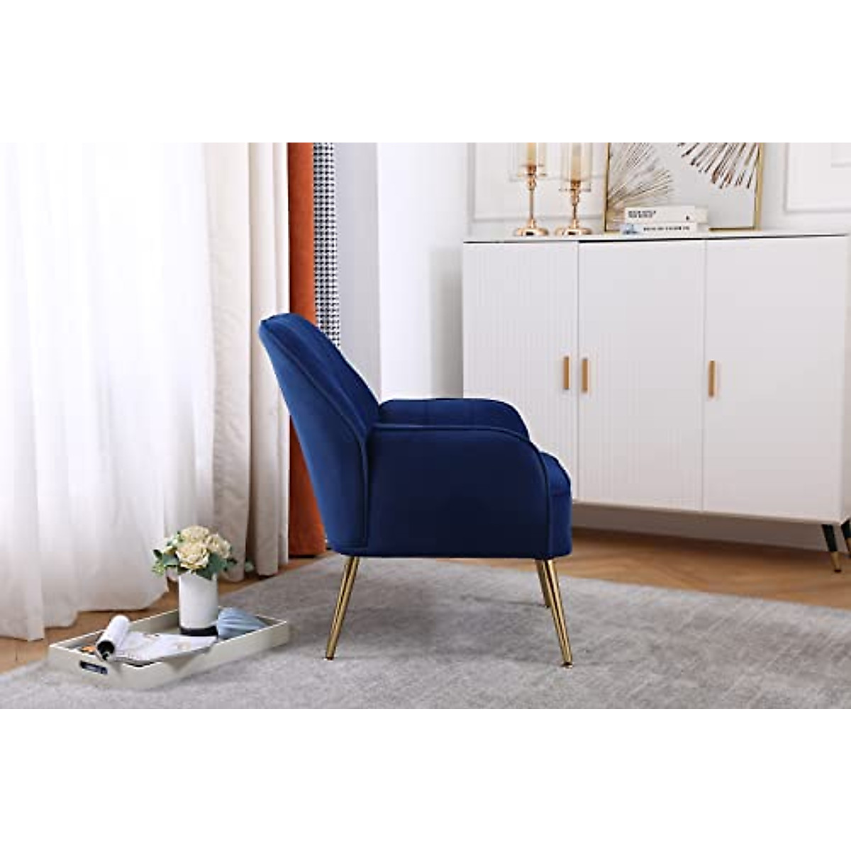 Goujxcy Modern Accent Chair, Velvet Living Room Chair, Club Chair Upholstered Tufted Decorative Reading Chair, Corner Side Chair, Vanity Chair for Bedroom, Living Room (Navy Blue)