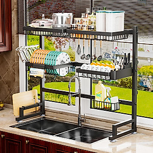 adoymiro Dish Drying Rack - Large Over The Sink Dish Drainer Drying Rack (30.0" to 33.9" W), Large Capacity Stainless Steel Dish Rack, Multifunctional Kitchen Organizers and Storage Rack, Black