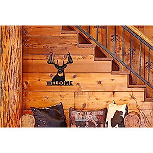 Welcome Whitetail Deer Buck Metal Wall Art Sign | Laser Cut | Black | Home Cabin Decor | Big Game Steel