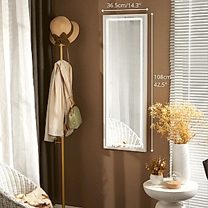 LUXFURNI Large Wall Mirror with LED Lights, 42.5 X 14.4 Wall Mounted Over-The-Door Hanging Mirror Full Size Body Mirror with Brightness Adjustment Dressing Bedroom Glass Mirror