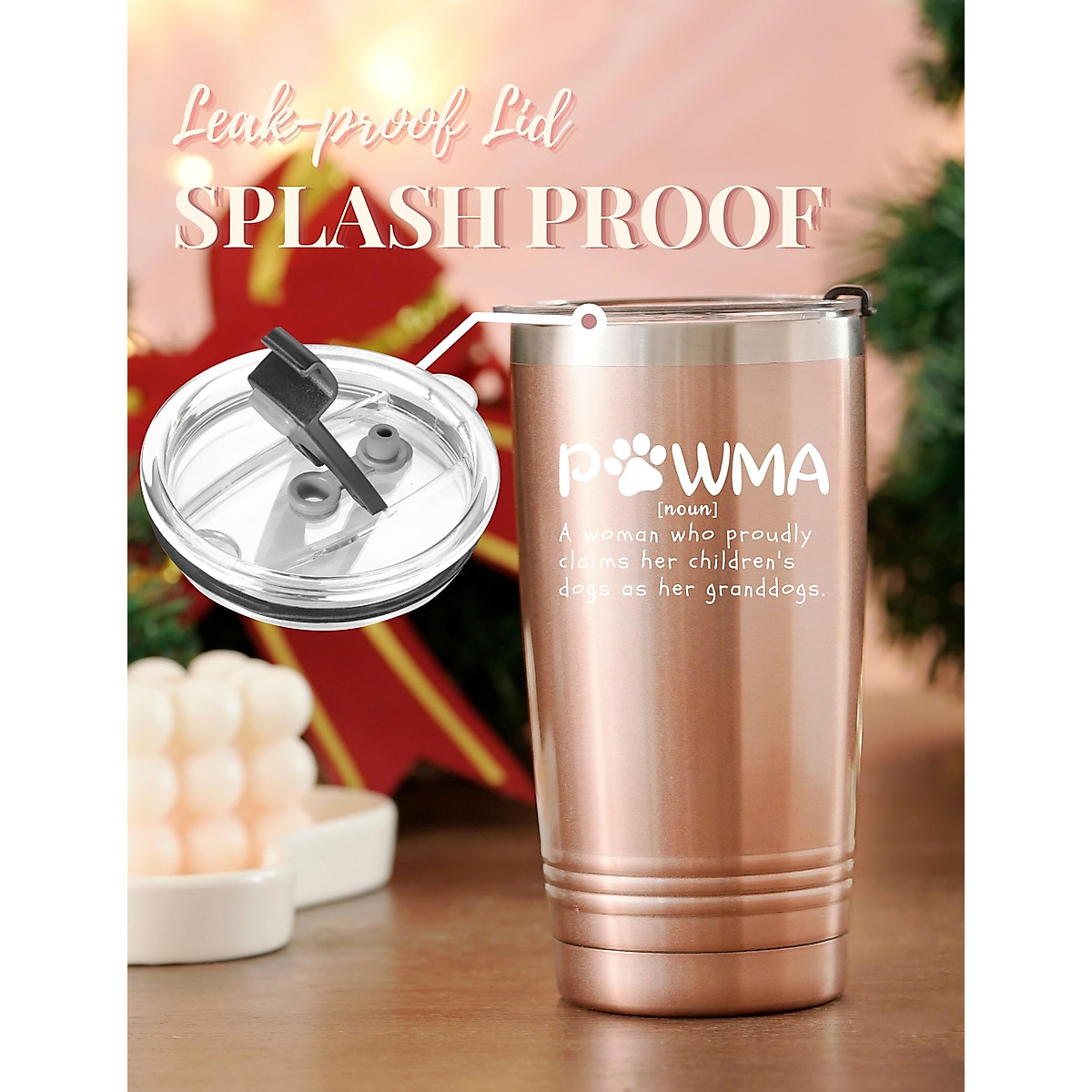 Onebttl Pawma Gifts for Grandma, Insulated Stainless Steel Wine Tumbler with Lid, For Dog Grandma on Birthday, Mother’s Day, Christmas, Rose Gold, (20 oz)