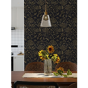 Heroad Brand Peel and Stick Wallpaper 196"x17.3" Black and Gold Wallpaper Boho Peel and Stick Wallpaper Floral Contact Paper Leaf Removable Wallpaper Self Adhesive for Cabinets Shelf Liner Vinyl Roll