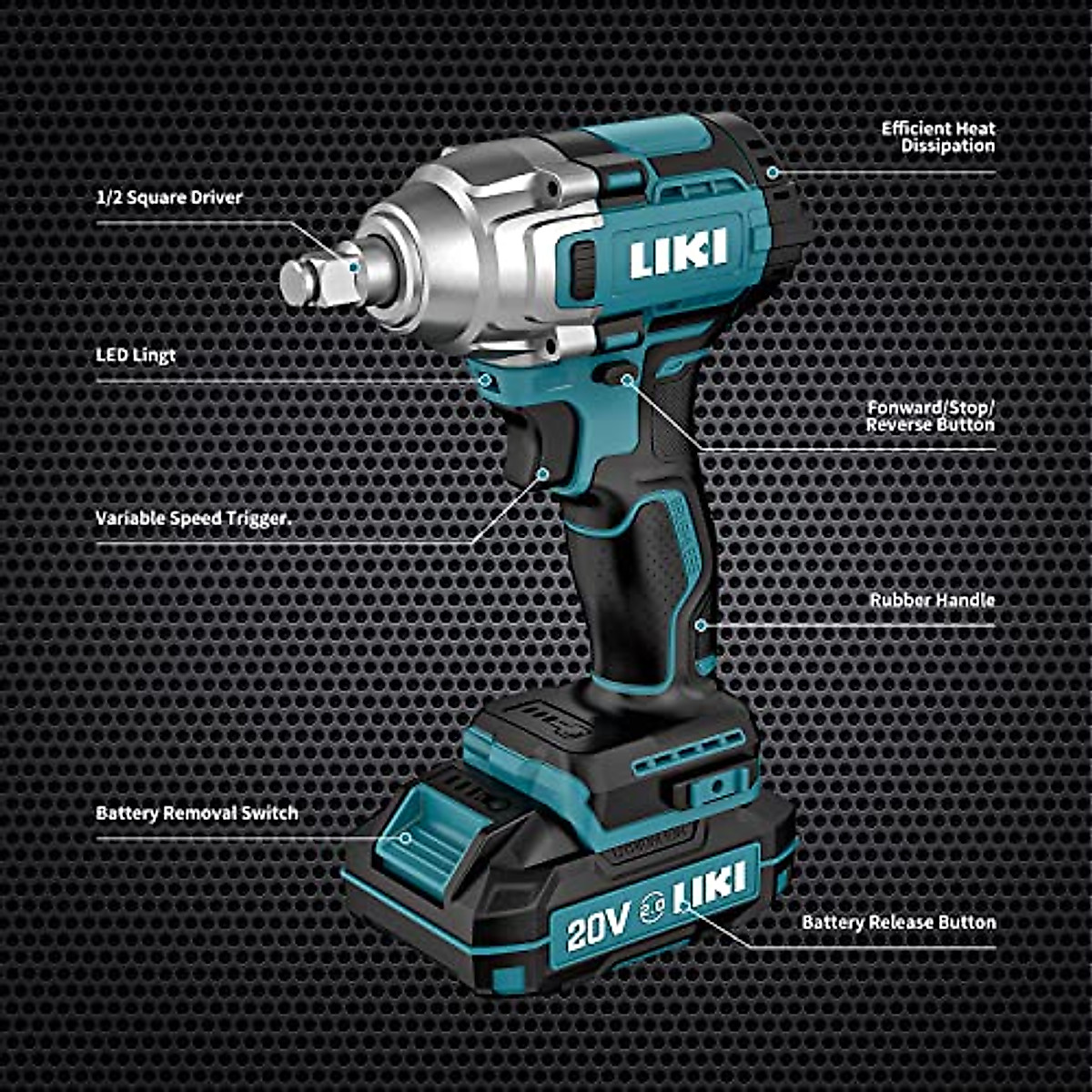 LIKI Cordless Impact Wrench 1/2"，1/2 Impact Gun Brushless Impact Driver 300 Ft-lb High Torque 3000 RPM, 20V Electric Impact Wrench Kit with 1 Hour Fast Charger