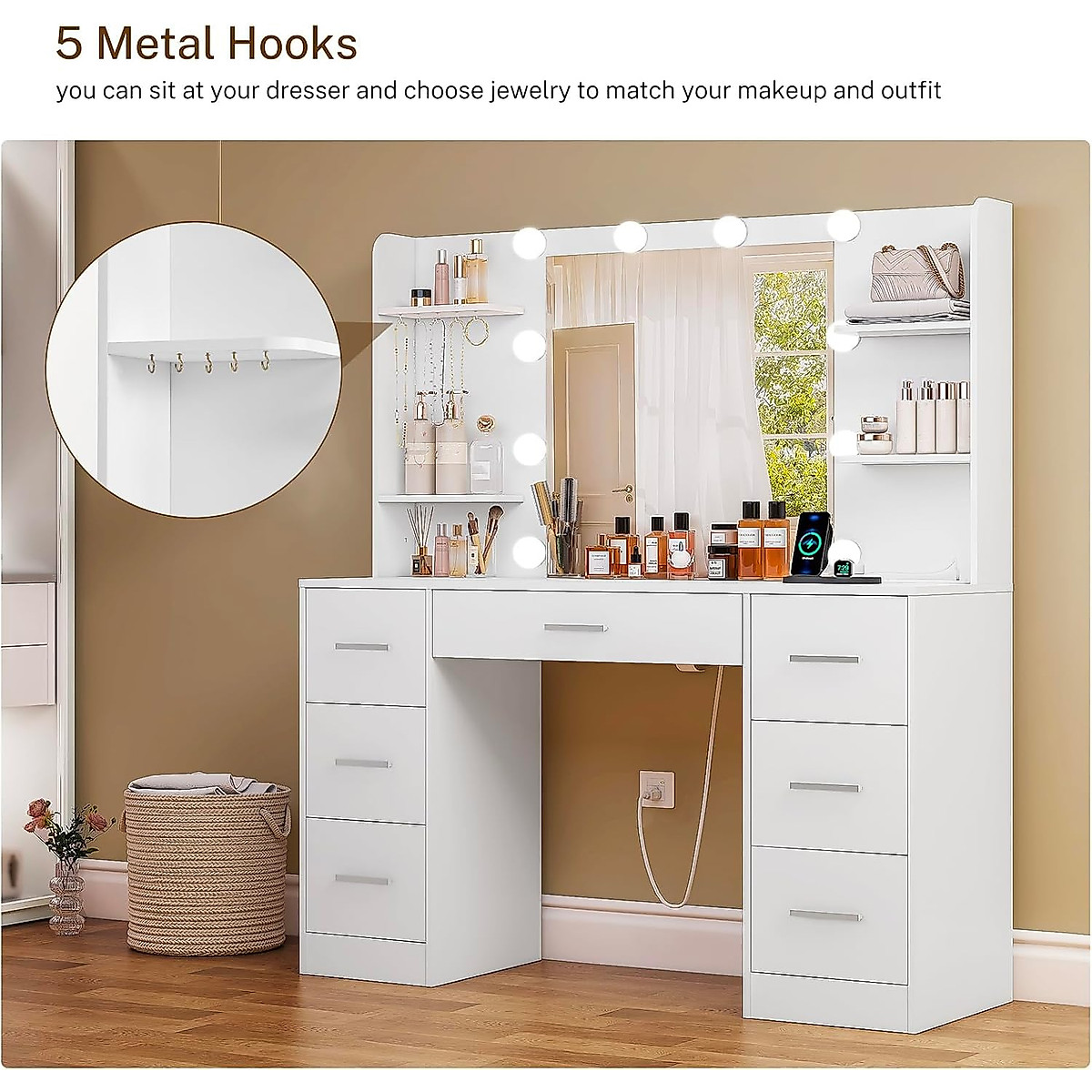 FIONESO Large Makeup Vanity, 43.3" Vanity Desk with Mirror and Lights, Makeup Vanity Table with 7 Drawers, 4 Shelves, 5 Jewel Hooks & Power Strip, Vanity Desk Set for Bedroom, White