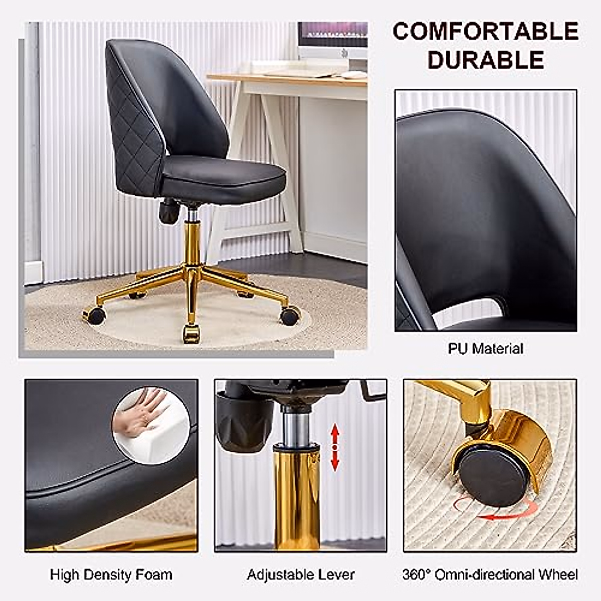 voqoomkl PU Home Office Chair, 360° Swivel Desk Chair with 5 Wheels and Gold Metal Base, Adjustable Height Armless Computer Chair for Living Room Bedroom Study, Black