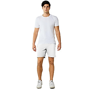 NIMENJOJA Mens 7" Sweat Shorts Cotton Workout Gym Jogger Lounge Shorts with Zipper Pockets White