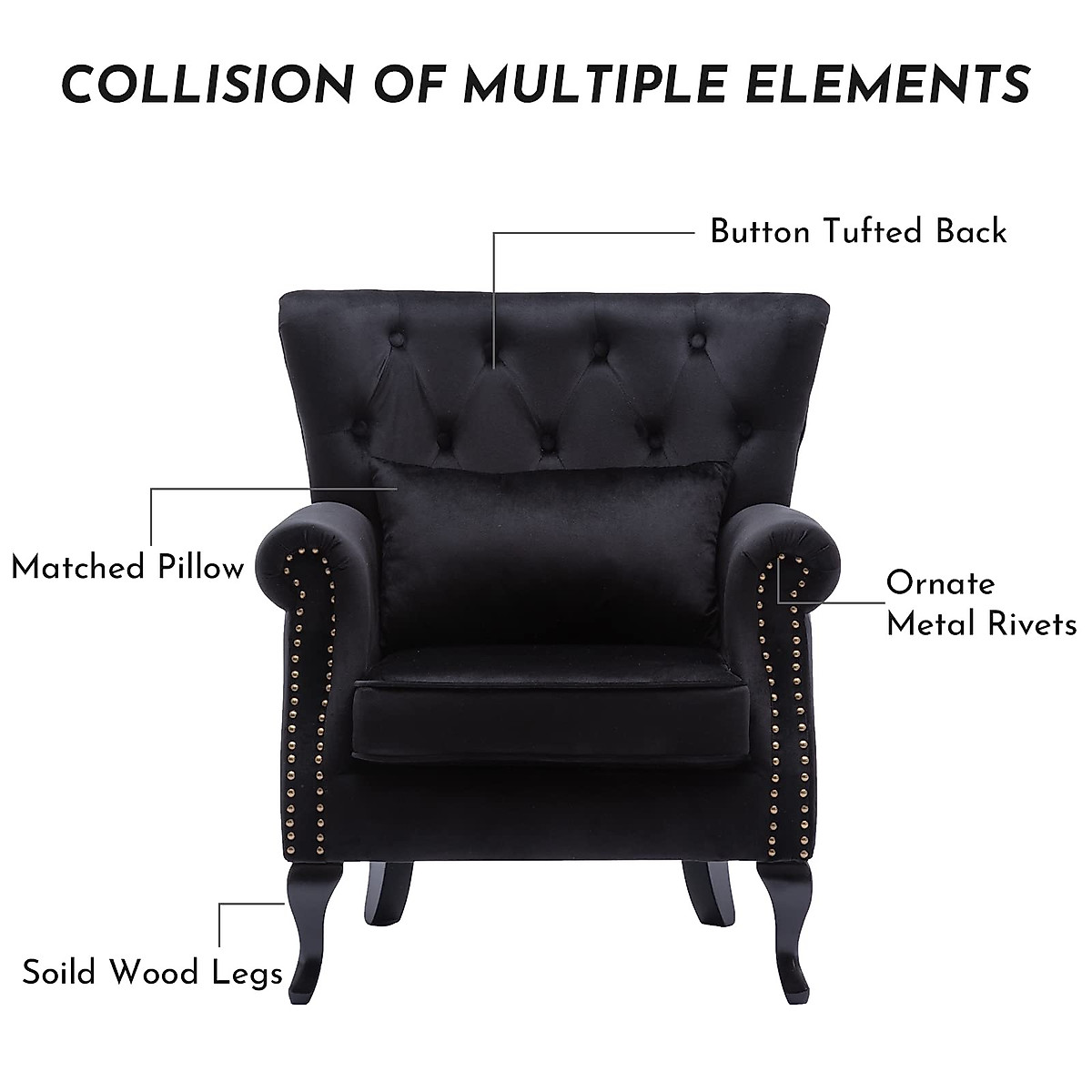 LZAREAL Accent Reading Arm Chairs Set of 2 for Living Room Bedroom, Midcentury Modern Comfy Corner Sofa Chair, Wingback Waiting Room Club Chair with Button Tufted Back &Lumbar Pillow, Velvet Black