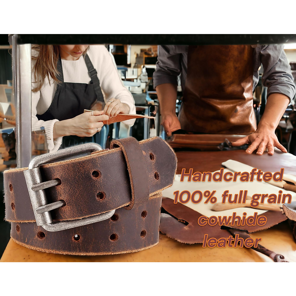 F&L CLASSIC Leather Work Belt, Heavy Duty Double Prong Genuine full grain Leather Belts for Men 1 1/2", Mens Casual Belts for Jeans,3190,size 44,tan