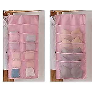 Storage Hanging Bag, Dual-Sided Hanging Bra Storage Organizer with Metal Hanger, Dual-Sided Hanging Storage Organiser for Underwear, Panties,Stocking,Bra and Sock (Expand 5+10 Pockets, Pink)