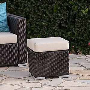 GDFStudio Outdoor 16 Inch Multibrown Wicker Ottoman Seat with Beige Water Resistant Cushion