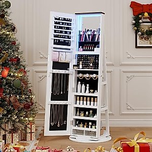 HUAEU Full Length Mirror with Storage, 360° Swivel Mirror Jewelry Cabinet Standing, Rotating Jewelry Armoire with Full Length Mirror, 3 Color LED Lights Lockable Jewelry Mirror for Christmas, Wood