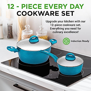 NutriChef Professional 12-Piece Nonstick Cookware - PFOA/PFOS-Free, Heat Resistant Lacquer, Elegant Design, Multi-Sized Pots and Pans, Teal/Gray/Green