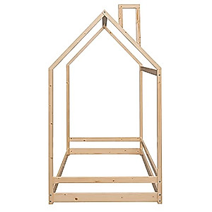 AOCOROE Twin Size House Bed Frame Floor Montessori House Bed Canopy Bed for Boys and Girls. House Shaped Wood Twin Bed Frame Without Slats, Natural