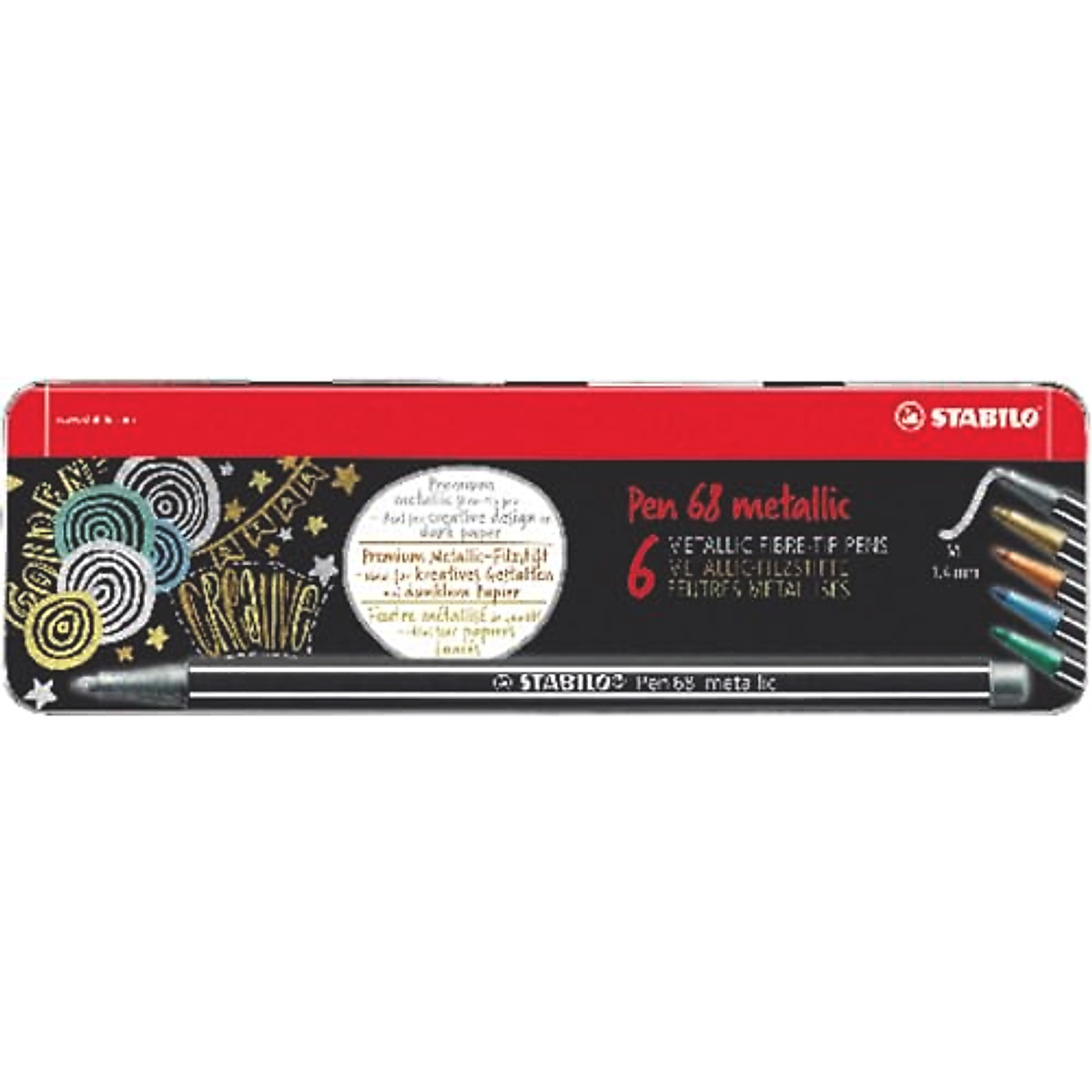 STABILO Metallic Premium Felt Tip Pen Pen 68 Metallic - Tin of 6 - Assorted Colours