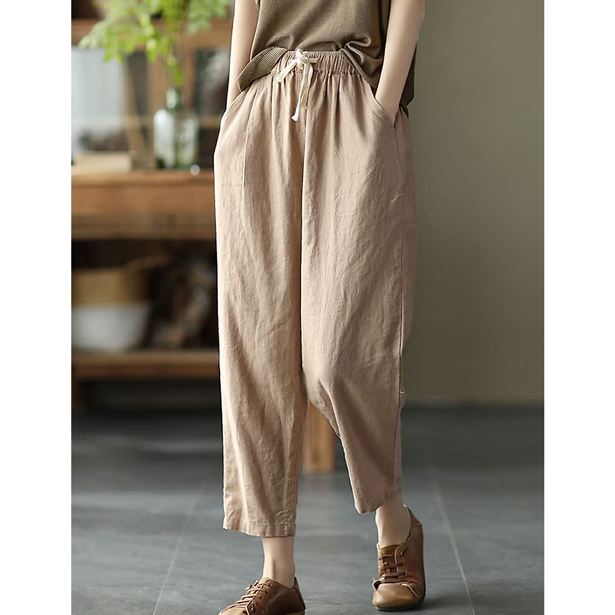 Kangqifen Summer Linen Cotton Casual Crop Pants with Drawstring Elastic Waist Pockets for Women Teen Girl(Khaki,00-0)