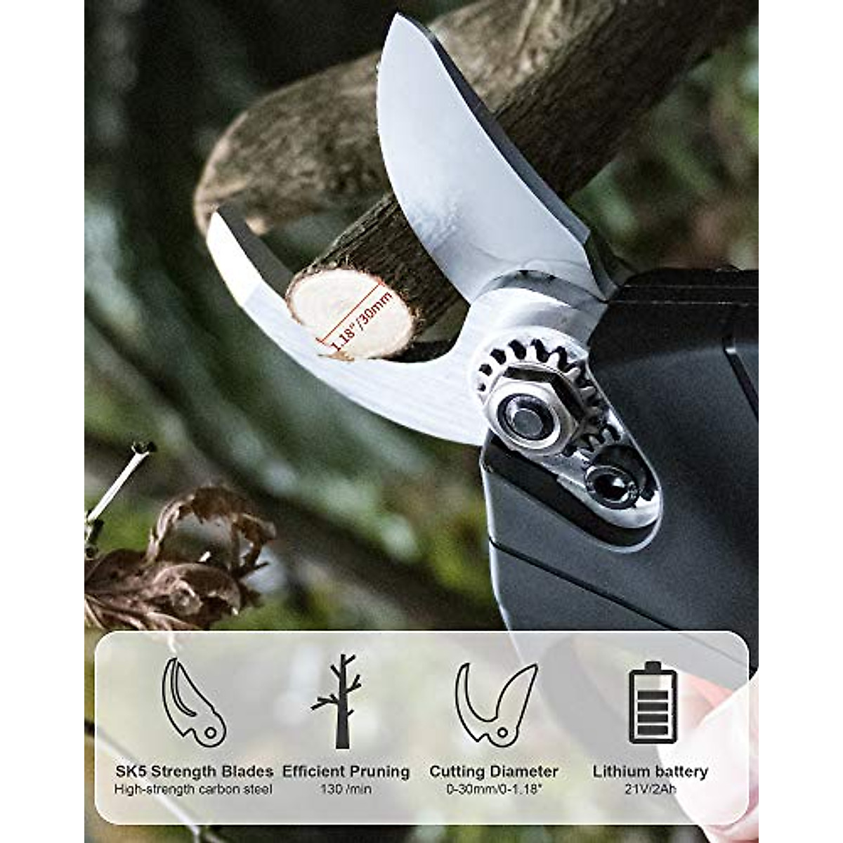 ZR-TNT Electric Pruning Shears Cordless 21V with 2000mAh 2PCS Lithium Battery and Matching Tools,30mm (1.2″) Cutting Diameter,Tree Branch Flowering Bushes Trimmers for Gardening (Black)