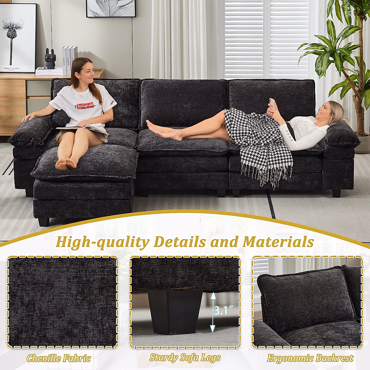 L Shaped Couch Sectional Sofa Couch with Ottoman, Cloud Couch Sectional Couches for Living Room, Modern Modular Sectional Sofa Sleeper Sofa Comfy Upholstered Furniture for Apartment (Black, 4-Seater)