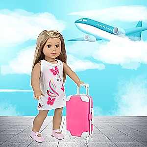 BDDOLL 18 Inch Girl Doll Clothes Accessories Travel Play Set Including Suitcase Luggage, Unicorn Dress, Sunglasses, Camera, Computer, Phone, Ipad,Travel Pillow fit 18 Inch Doll