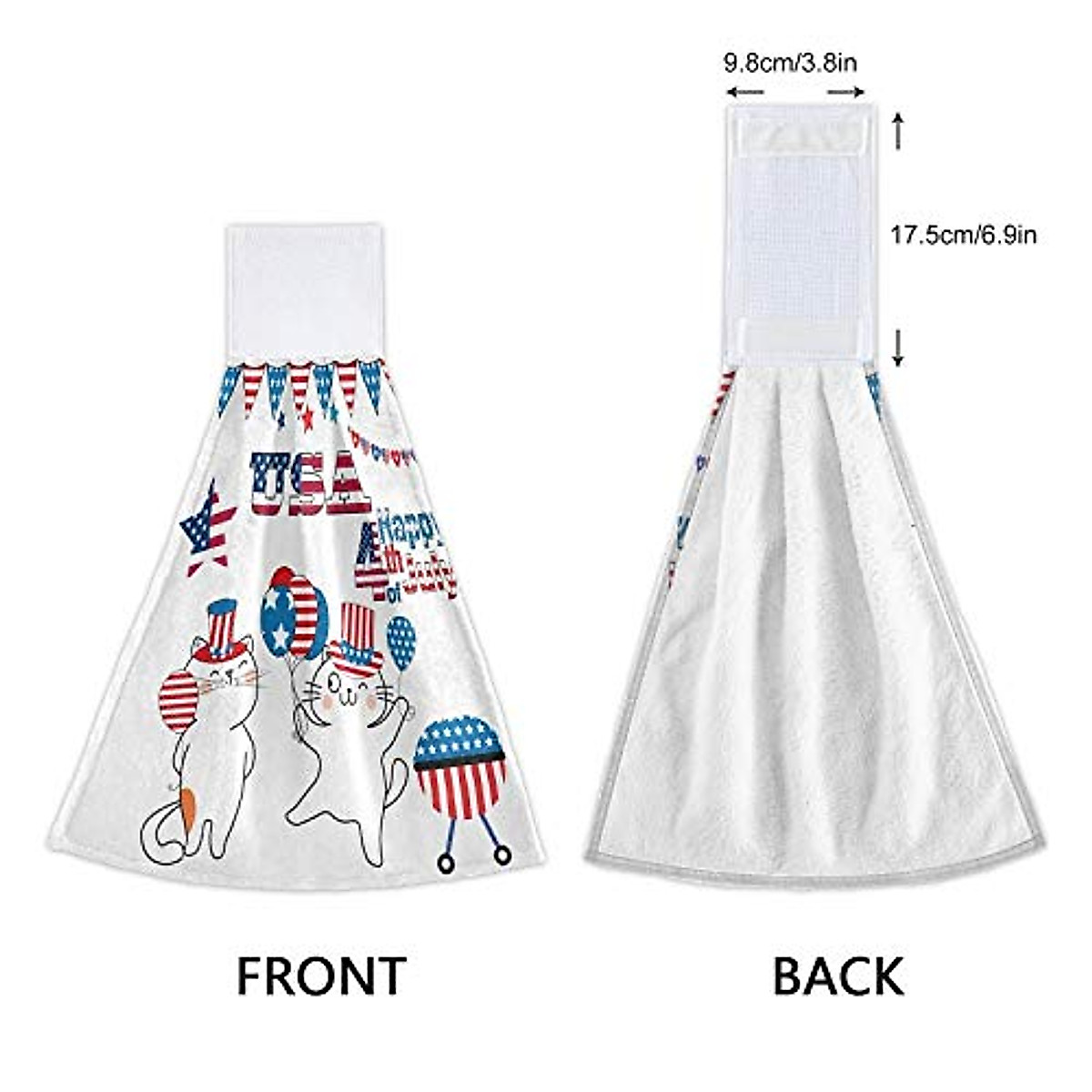 2 Pack USA Happy 4Th of July Hanging Kitchen Towel Cute Patriotic Cats Hand Towels Soft Coral Velvet Loop Dish Towel for Bathroom Washcloth Absorbent Tie Towel