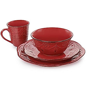 Elama Embossed Scalloped Round Stoneware Dinnerware Dish Set, 16 Piece, Red with Brown Accents