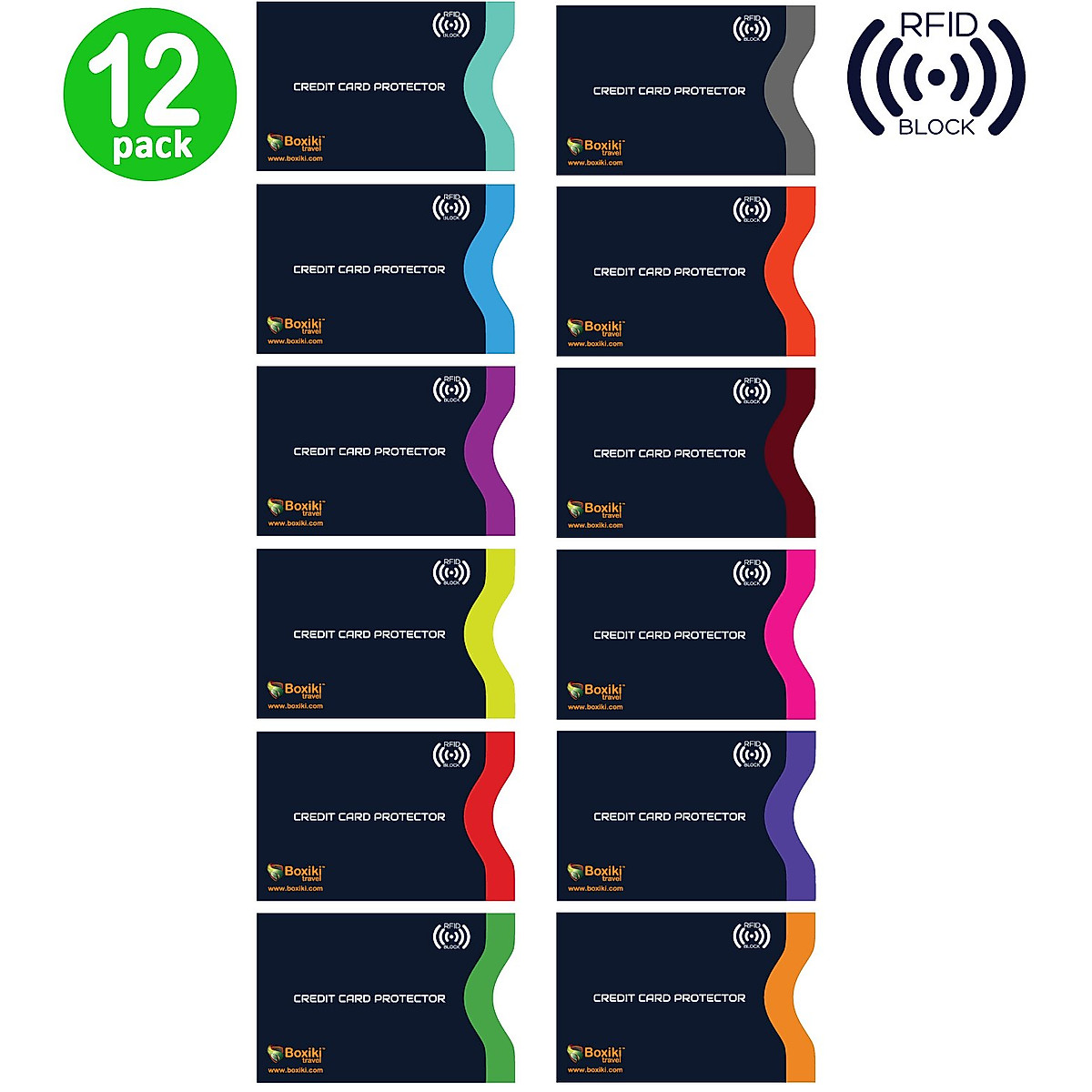 Boxiki Travel Set of 12 RFID Blocking Sleeves Best way to Protect your Cards from Electronic Theft. Durable, Lightweight and Compact Design to fit in any Pocket or Purse. (Navy Blue)