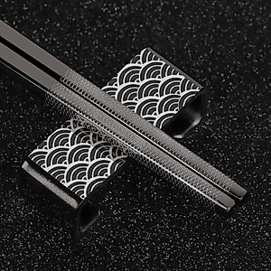 TIICOO Metal Chopsticks Reusable 2 Pairs Titanium Plated Stainless Steel18/8 Chopsticks with Holder, Dishwasher Safe Lightweight Japanese Style Chopsticks Gift Set(Black)