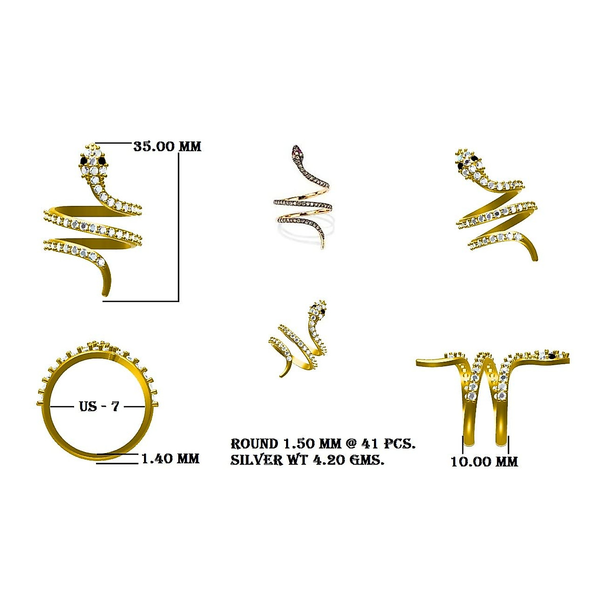 MOONEYE 925 Sterling Silver Snake Ring for Women Vintage Wrap Rings with Natural Tanzanite & White Topaz Engagement Ring Cobra Snake Rings (Gold Vermeil, 9)