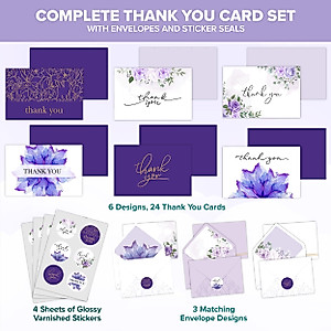 Decorably Thank You Cards with Envelopes & Stickers, Floral-Themed Cards - 24 Purple Thank You Cards with Envelopes Purple, Blank Inside Thank You Cards Purple Thank You Notes, 6x4in Purple Cards