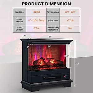 ORALNER 27” Electric Fireplace with Mantel, 3-Sided Glass View, Wooden Surround Firebox, Freestanding Fireplace Heater w/ 7 Flame Colors, Remote & 6H Timer, Overheat Protection, 1400W (Black)