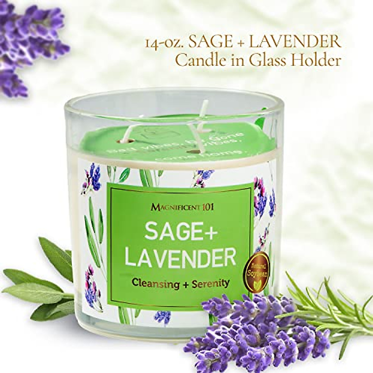 Large Sage + Lavender, Smudge Candle for House Energy Cleansing and Serenity, Banishes Negative Energy I Purification and Chakra Healing - Natural Soy Wax Glass Candle for Aromatherapy (14oz)