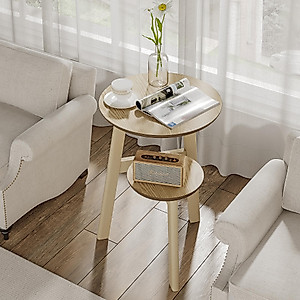 ChooChoo Round End Table Set of 2, Narrow Side Table for Small Spaces, Accent Table Night Stand with 2 Tier Shelf for Bedroom and Living Room, Natural