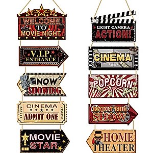 10 Pieces Wooden Movie Theater Decor Hanging Vintage Theater Room Decor Classic Home Theater Decor Rustic Movie Room Accessories Wood Movie Living Room Decor for Cinema Theme Wall Art Signs Plaque