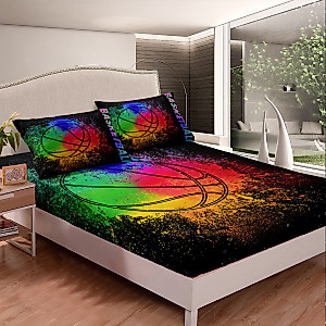 Basketball Sheet Set Twin,Blue Red Green Tie Dyed Bed Sheets for Kids Boys Teens,Grunge Neon Sports Bedding Set,Neon Ball Game Fitted Sheet Deep Pocket + Flat Sheet + 1 Pillowcase Bedroom Decor