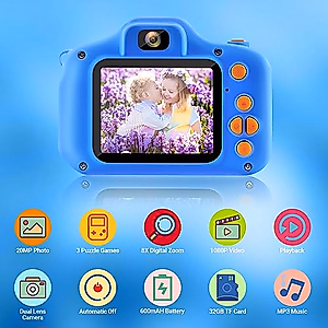 HOMHOW Kids Camera HD Kids Digital Camera for Boys Girls Children, Selfie Toddler Camera Kid Toys Christmas Birthday Gift Age 3 4 5 6 7 8 9 Year, 2inch IPS Screen with 32GB TF Card Navy Blue