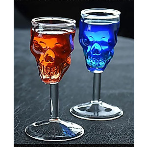 Mazeology Modern Handmade Mouth-blown Crystal Clear Borosilicate Glass SKULL Shaped Set of Two Stemmed Wine or Cocktail Glasses, good for Liquors, After-Dinner Drinks and More!