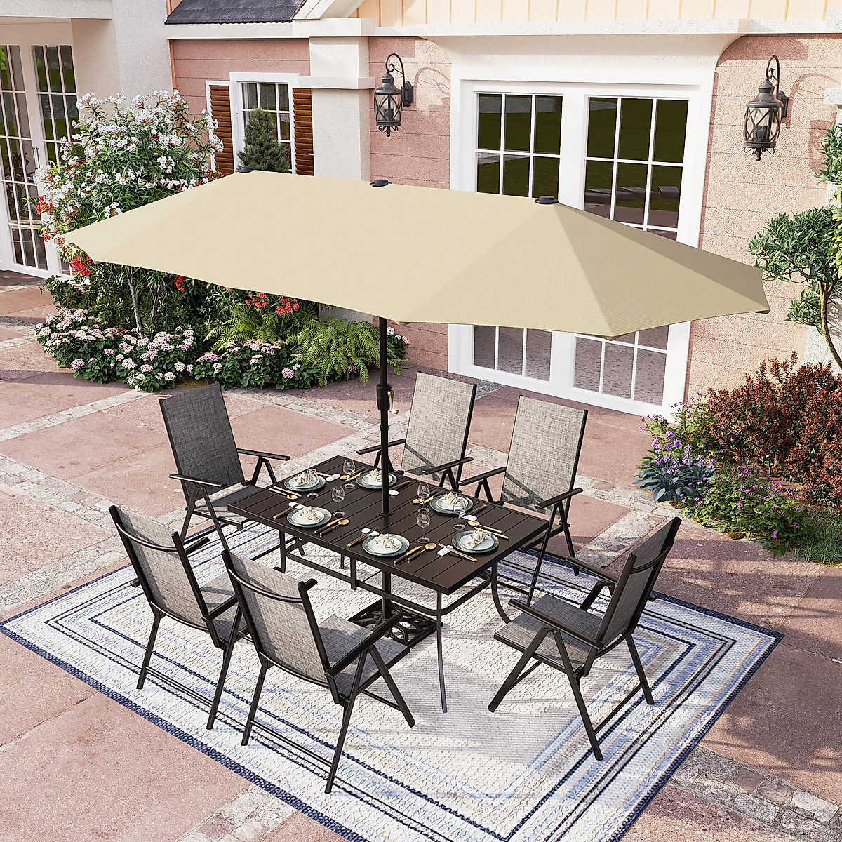 PHI VILLA 7 Piece Outdoor Dining Set with Umbrella, Patio Furniture Dining Set with Foldable Patio Chairs & Outdoor Table for Yard & Garden