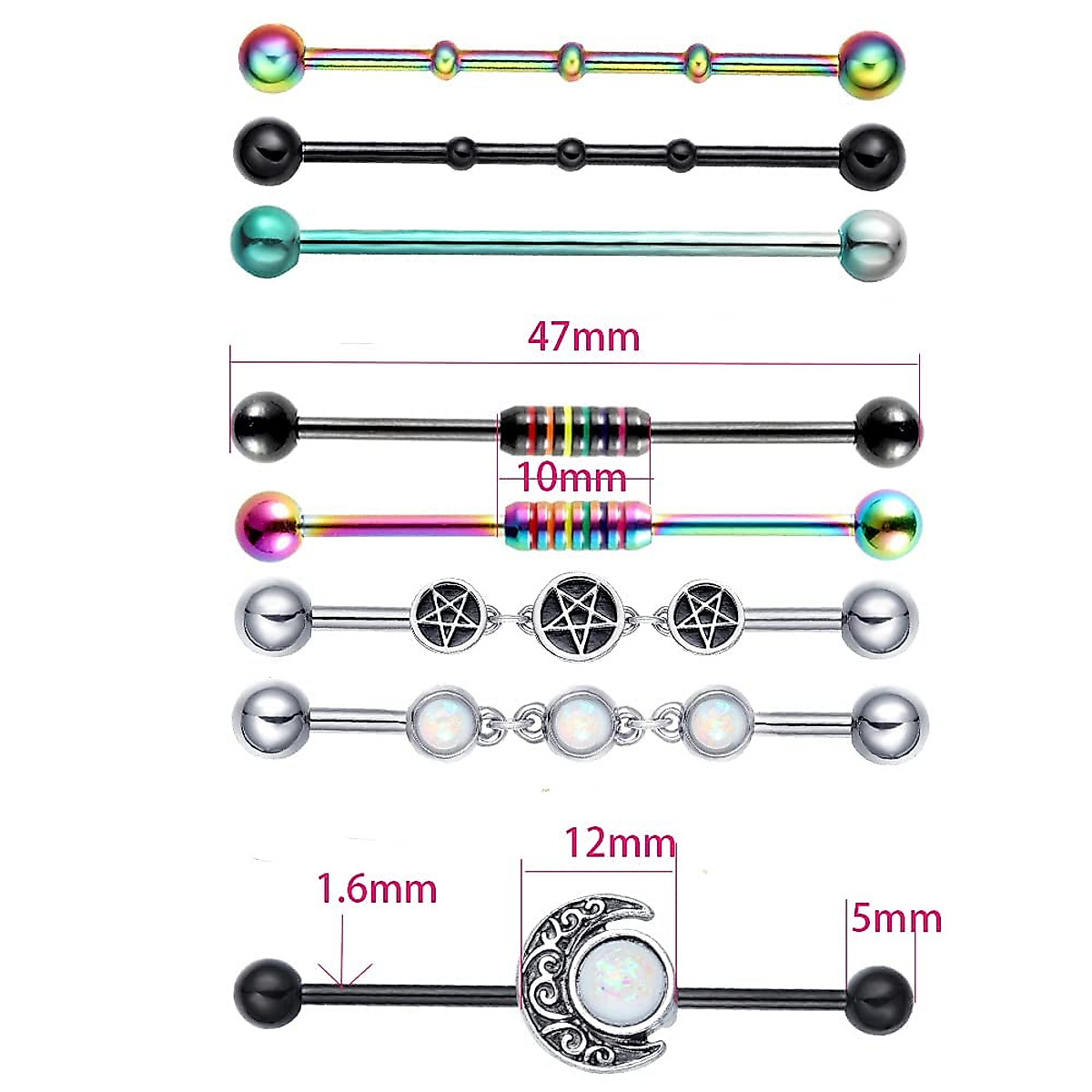 WASOLIE 316L Surgical Stainless Steel Industrial Bar Piercing 14G Straight Barbell Body Piercing Jewelry For Women Men