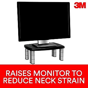 3M Adjustable Monitor Stand Riser, Three Leg Segments Simply Adjust Height, Sturdy Platform Holds Up to 80 lbs for Monitors, Laptops, and Printers, Space for Storage Underneath, Silver/Black (MS80B)