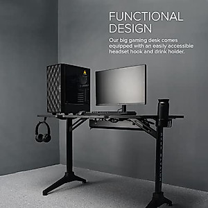 POUT Game Station 1 RGB LED Gaming Desk with LED Lights, Headphone Hook, Cable Hole, 16-Color Controller & Cup Holder — 47-inch Premium Steel Gamer Desk with Carbon Fiber Surface (Black)