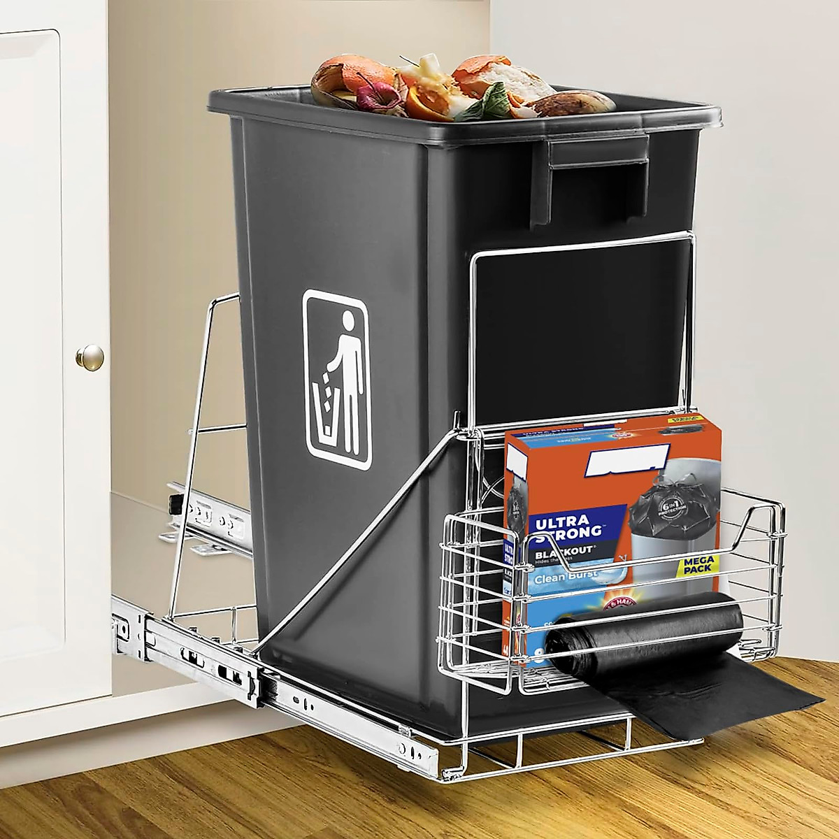 Cabinet Trash Can Pull Out Kit with Removable Front Basket for Garbage Bag Storage, Under Sink Trash Can Slide for 7-11 Gallon/28-44 Qt Garbage Cans Kitchen Trash Can (Not Include Trash Can)
